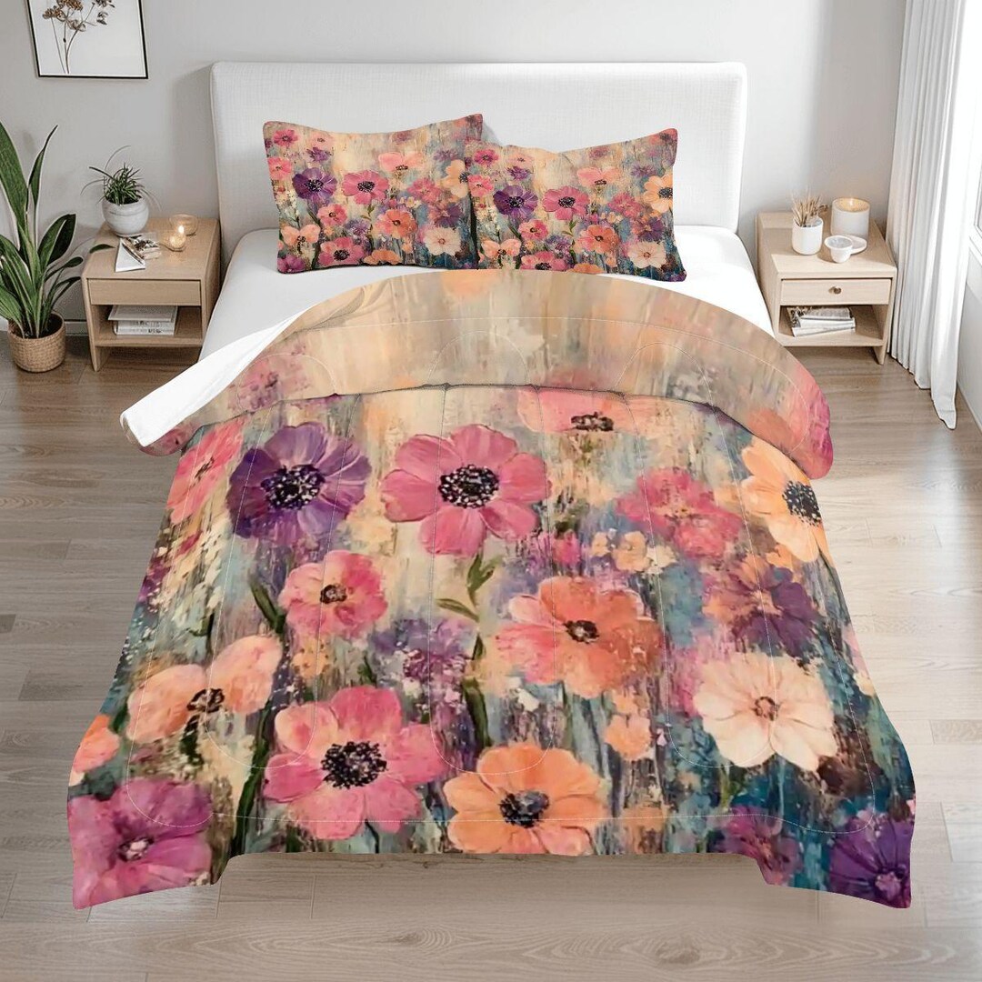 Watercolor Floral Queen Comforter Set: Boho Bloom Microfiber Bedding - Etsy