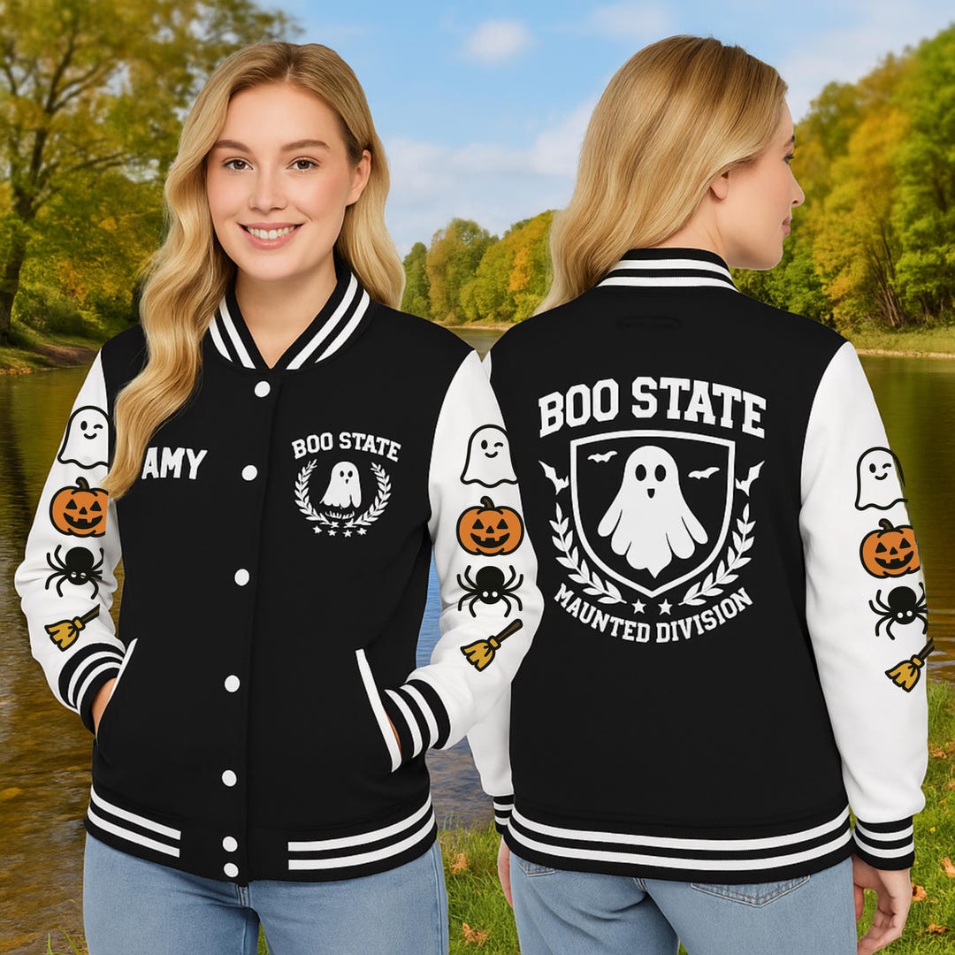 Spooky Letterman Jacket, Halloween Spirit Wear, Unisex Varsity Jacket ...