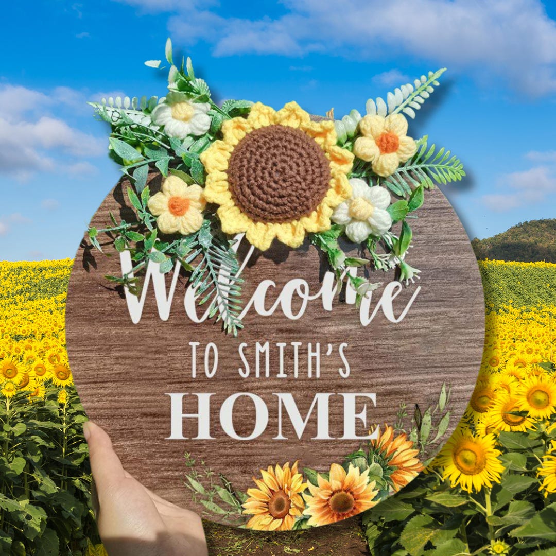 Welcome Door Sign Crocheted Flower Custom Text Front Door Decorations ...