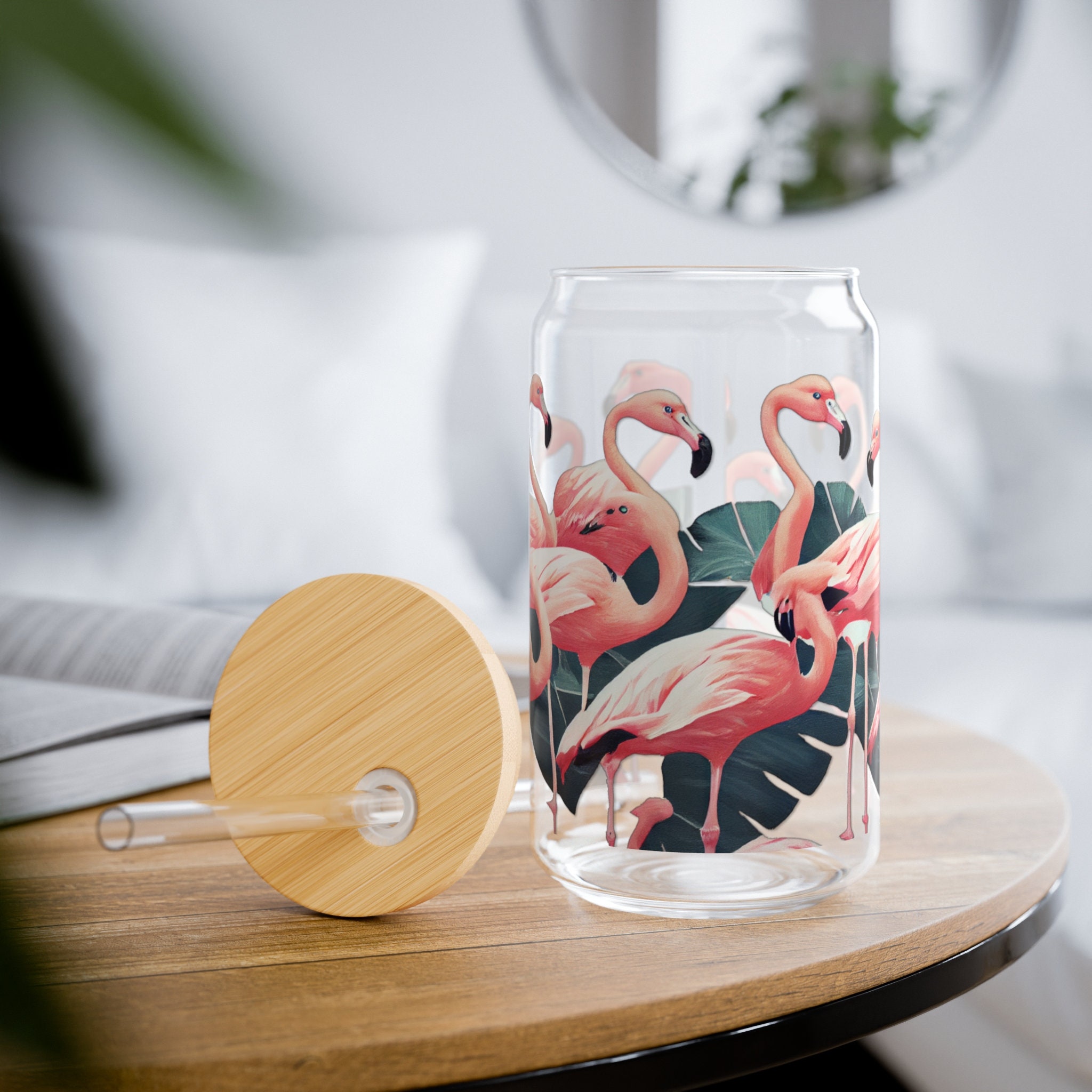 Pink Flamingos Paradise, Iced Coffee Glass With Bamboo Lid, Beer Can ...