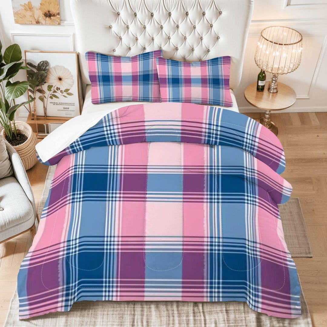 Pink and Blue Plaid King Size Comforter Set: Microfiber Bedding - Etsy