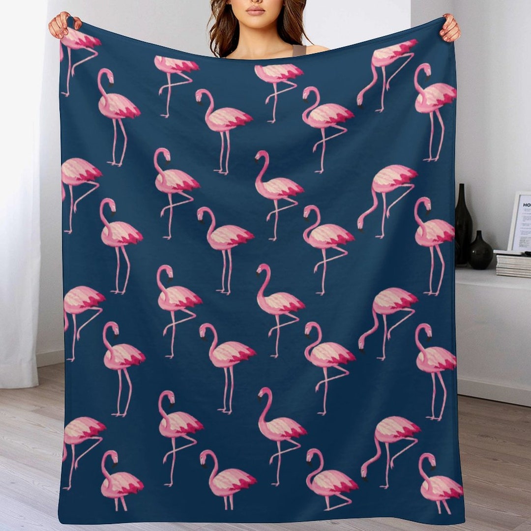 Pink Flamingos on a Blue Background 280gm Flannel Blanket one-sided ...