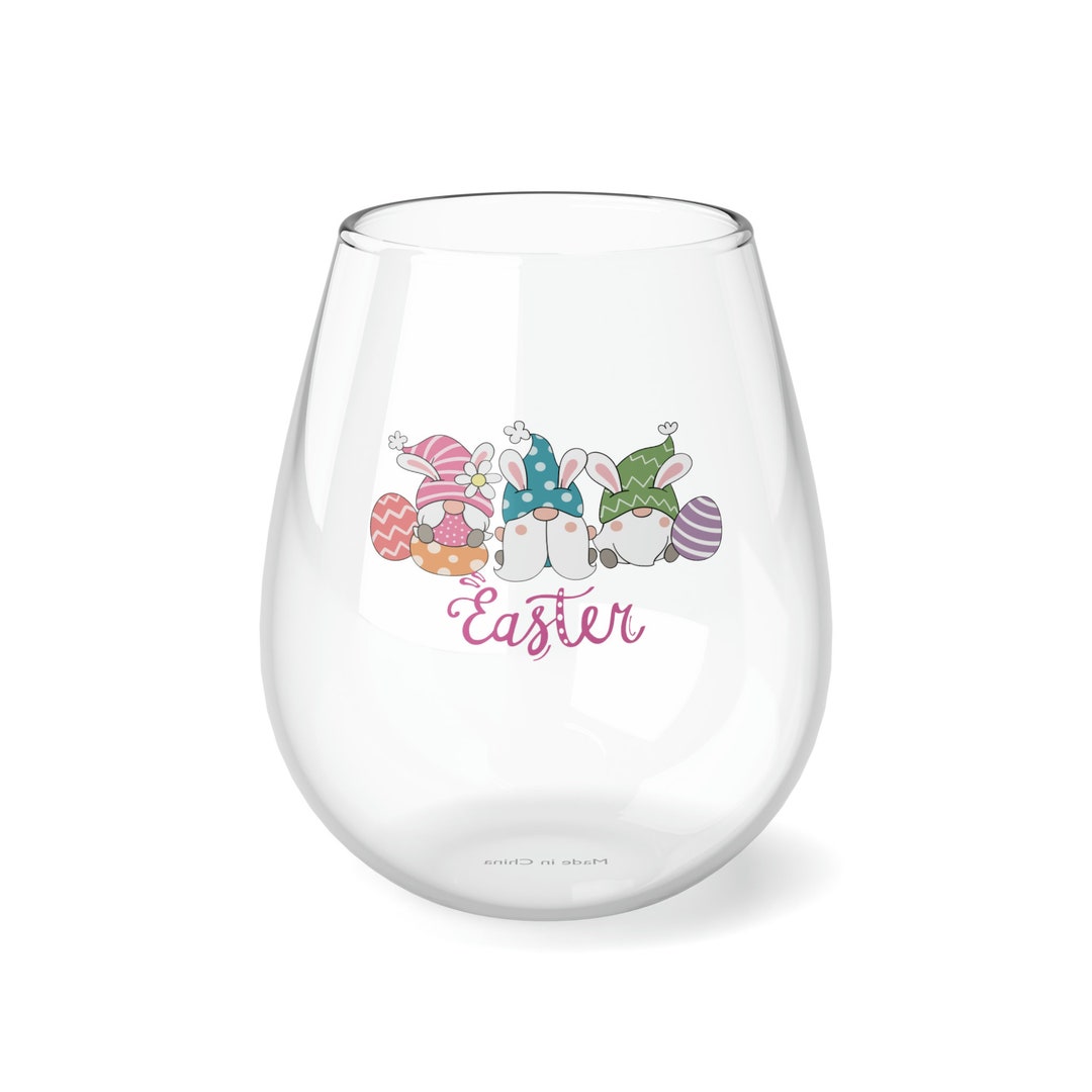 Easter Bunny Gnome Trio Stemless Wineglass: Unique Custom Glassware for ...