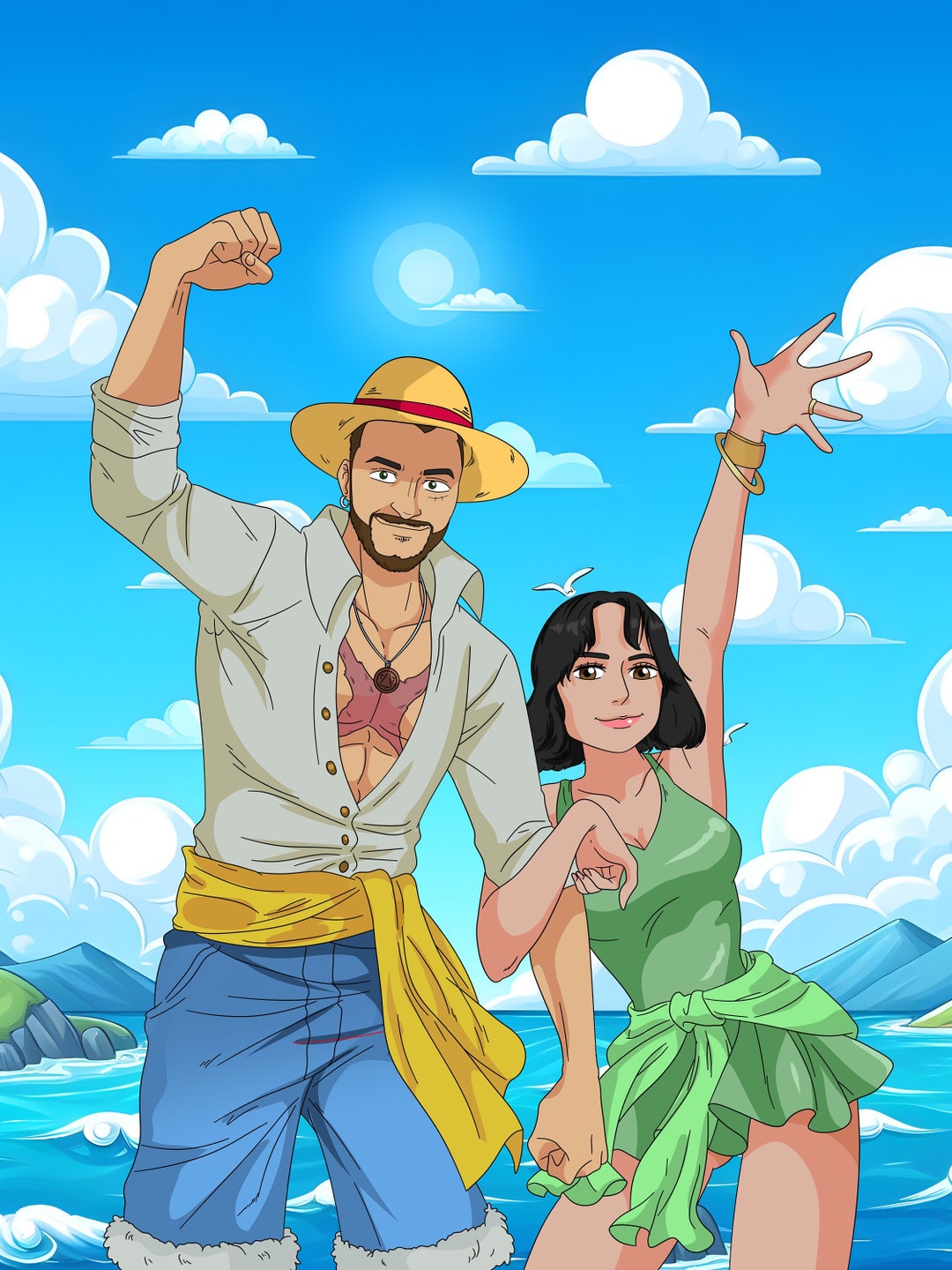 One Piece Custom Cartoon Portrait, One Piece Lover Gift, Personalized ...