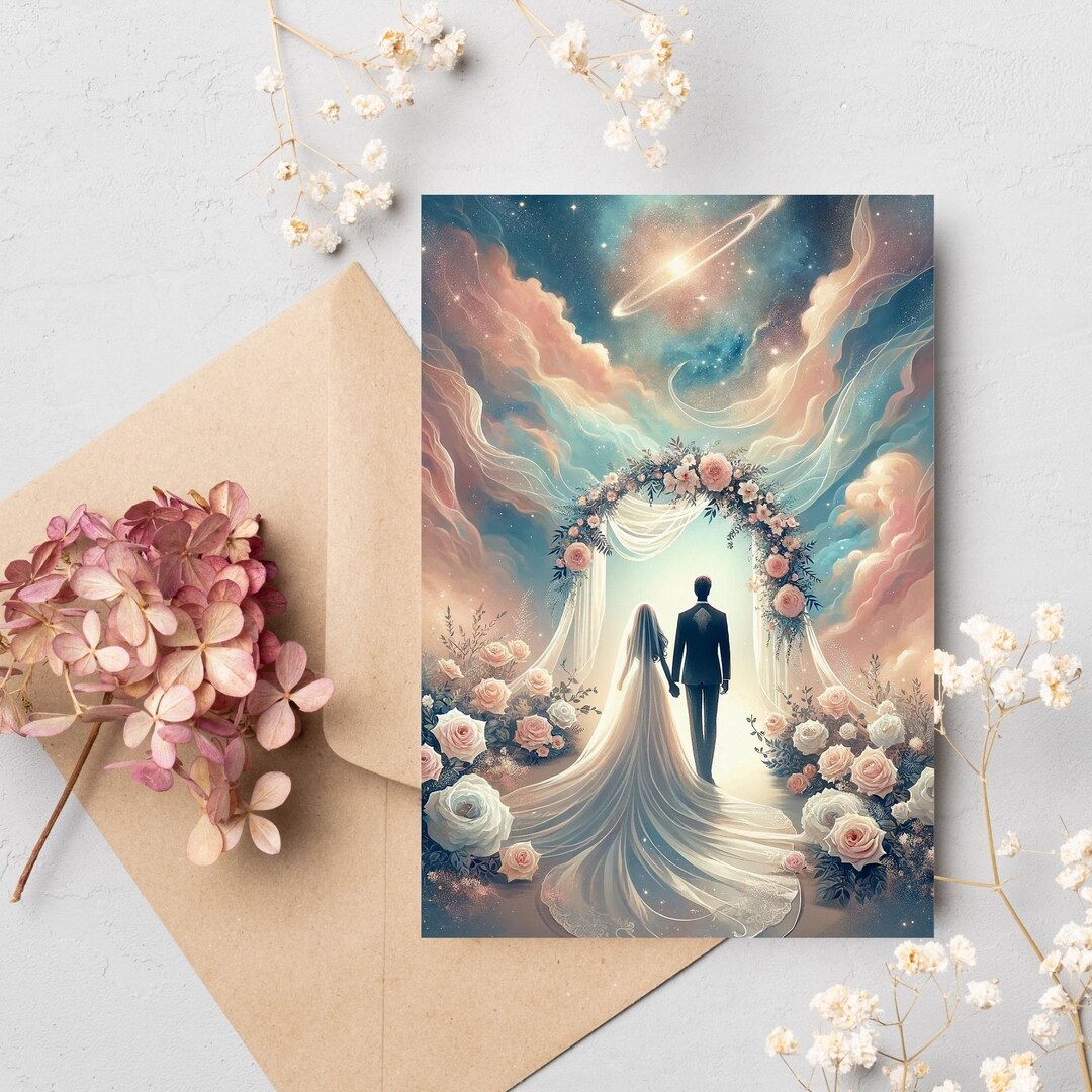 Celestial Wedding Invitation Template Set of Bride and Groom Silhouette ...