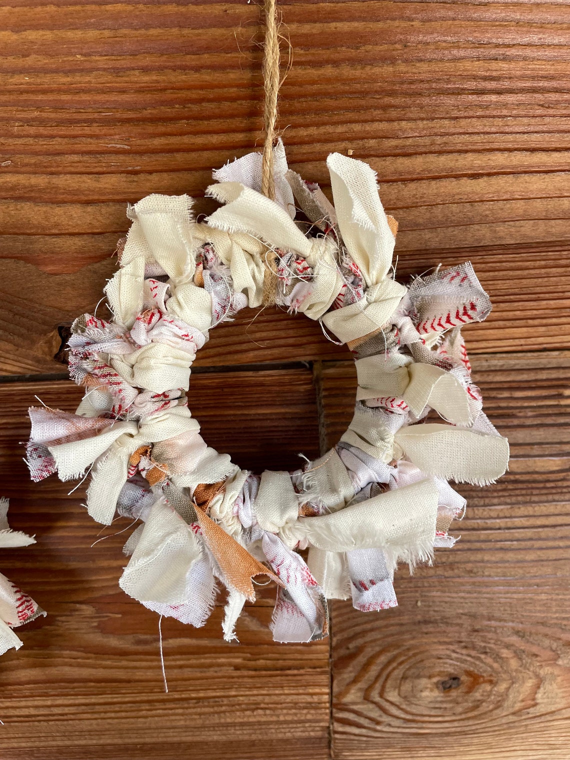 Set of 2 BASEBALL RAG WREATH/ Homespun/ Handmade Rag Wreath/ Mason Jar ...