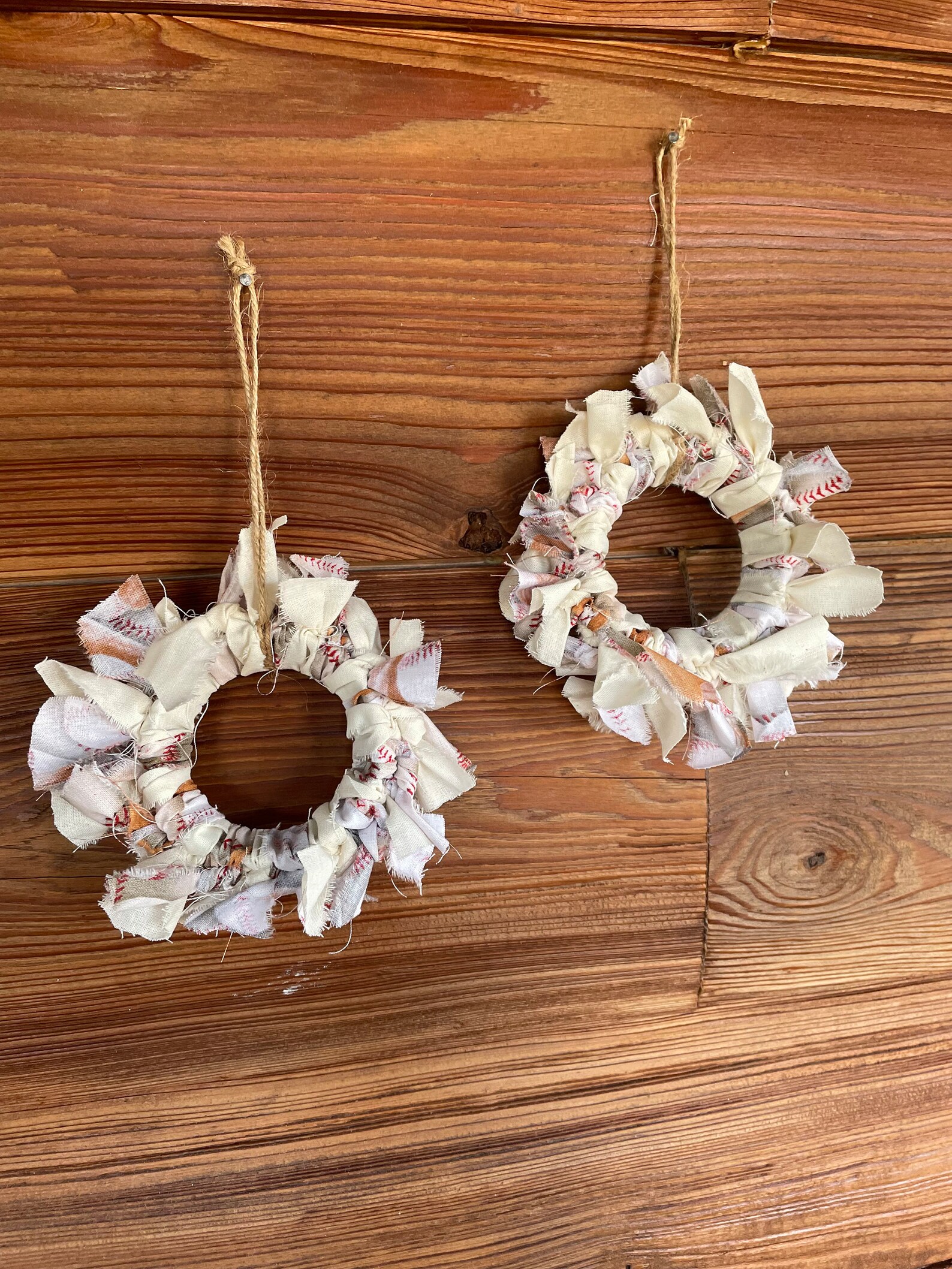 Set of 2 BASEBALL RAG WREATH/ Homespun/ Handmade Rag Wreath/ Mason Jar ...