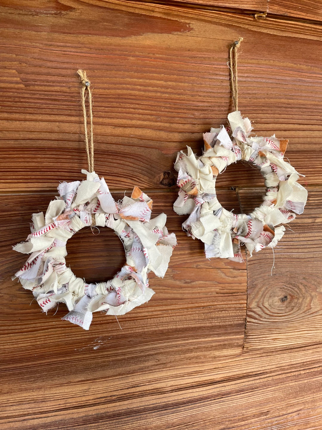 Set of 2 BASEBALL RAG WREATH/ Homespun/ Handmade Rag Wreath/ Mason Jar ...