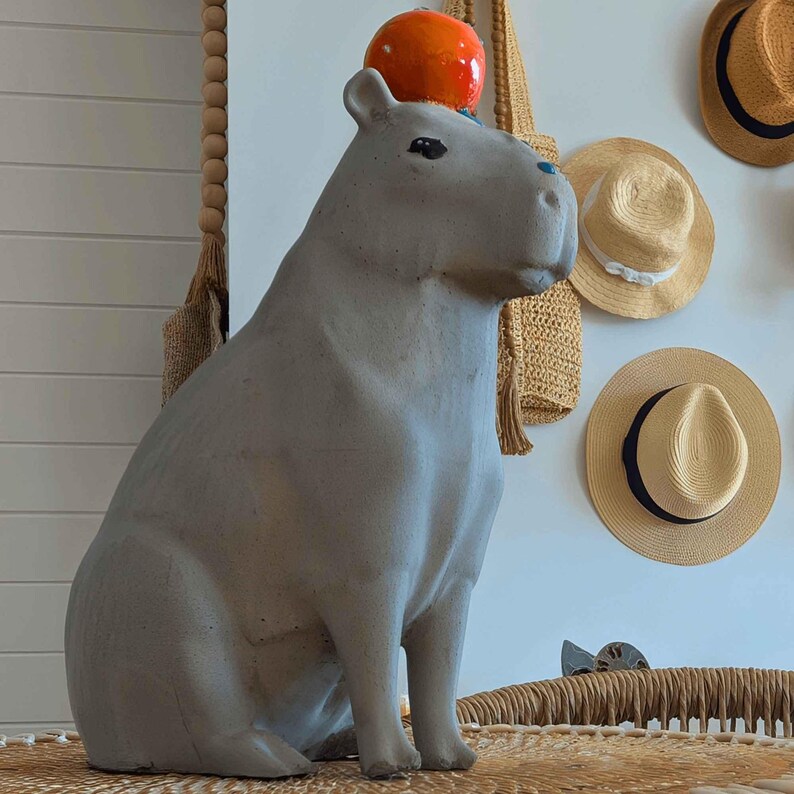 Capybara Concrete Sculpture With Orange | Quirky Garden Ornament - Etsy