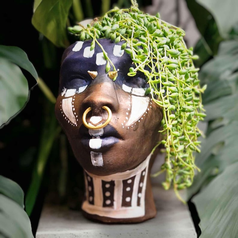 Hand-painted African Woman Head Planter | Unique Concrete Sculpture - Etsy