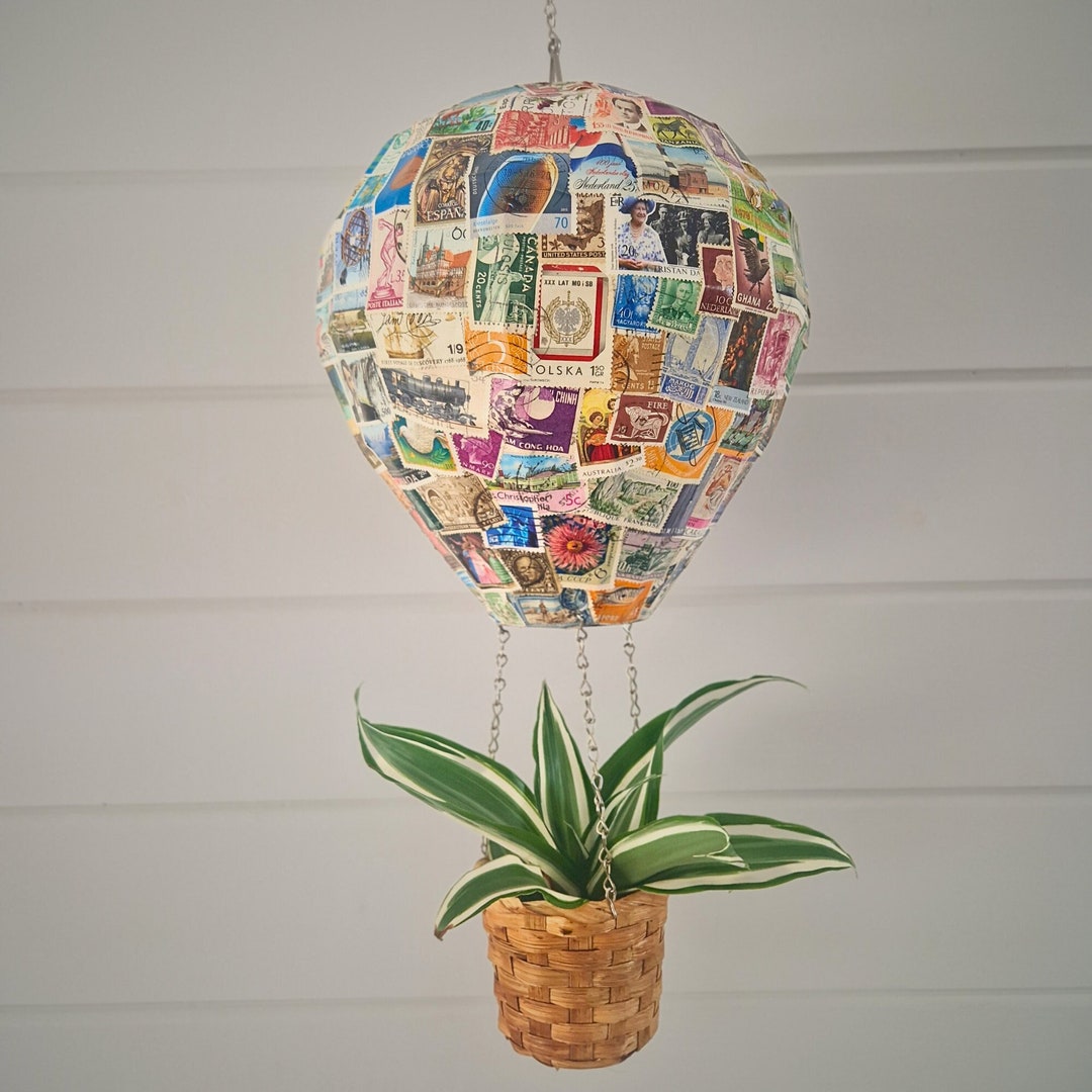 Safari Balloon Planter Vintage Stamp Hot Air Balloon Plant Pot Hanging ...