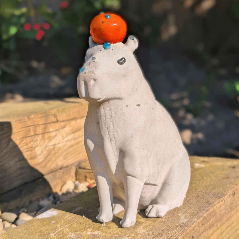 Capybara Concrete Sculpture With Orange | Quirky Garden Ornament - Etsy