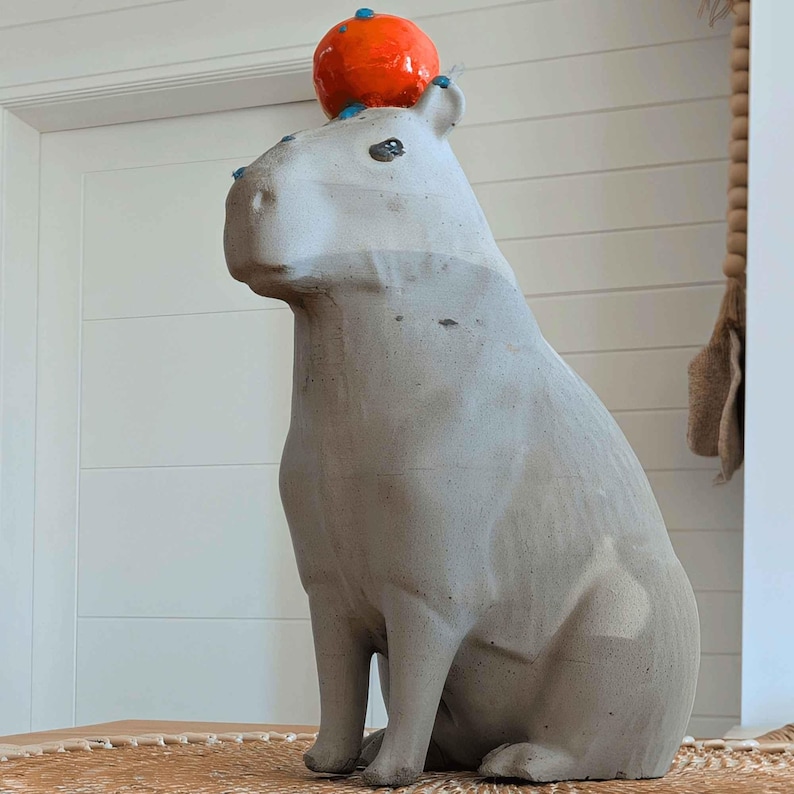 Capybara Concrete Sculpture With Orange | Quirky Garden Ornament - Etsy