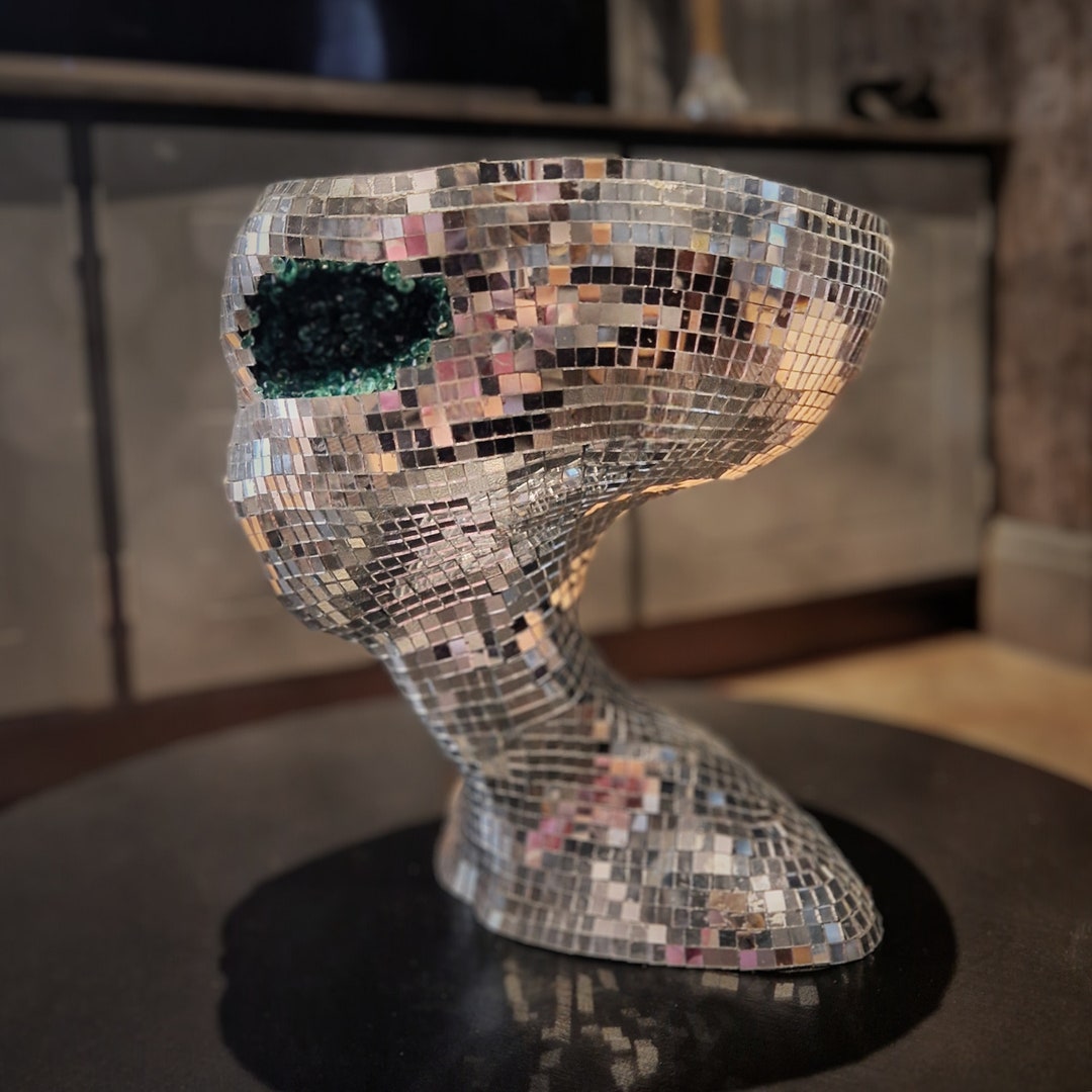 Shining Galactic Alien Mirror Ball Plant Pot or Statue, Silver & Green ...