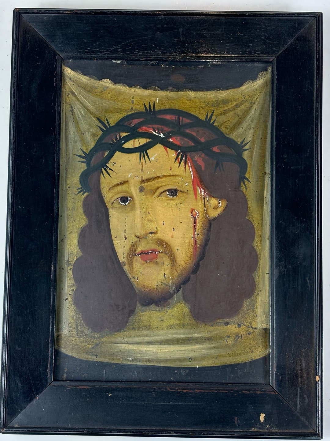 Antique 19th C Oil Tin Mexican Retablo Jesus Veil of Veronica Holy Face ...