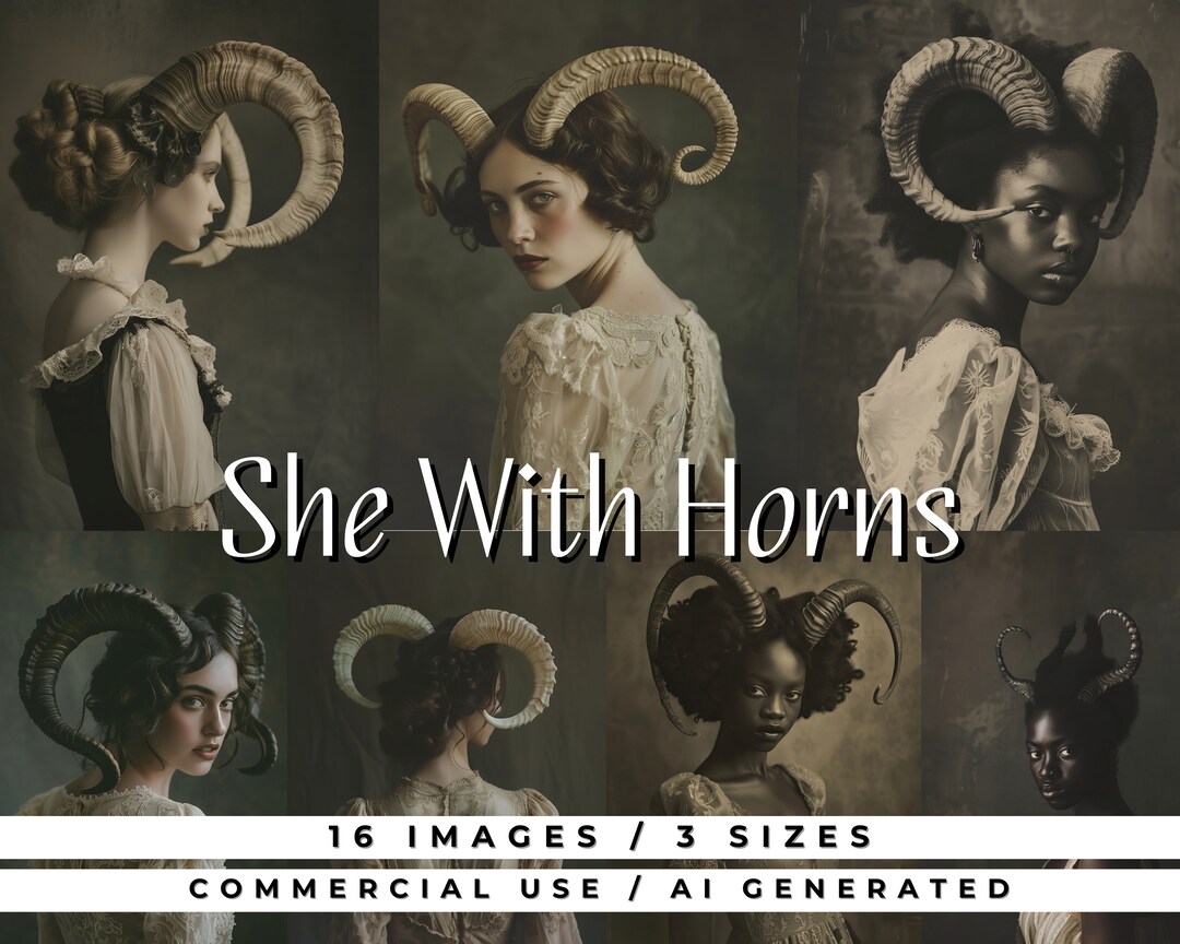 Surreal Horned Woman Portrait, Black and White Printable (digital ...