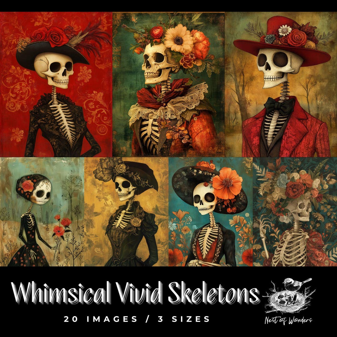 Whimsical Vivid Skeletons / Floral Skeletons /colorful Skeleton & Skull ...
