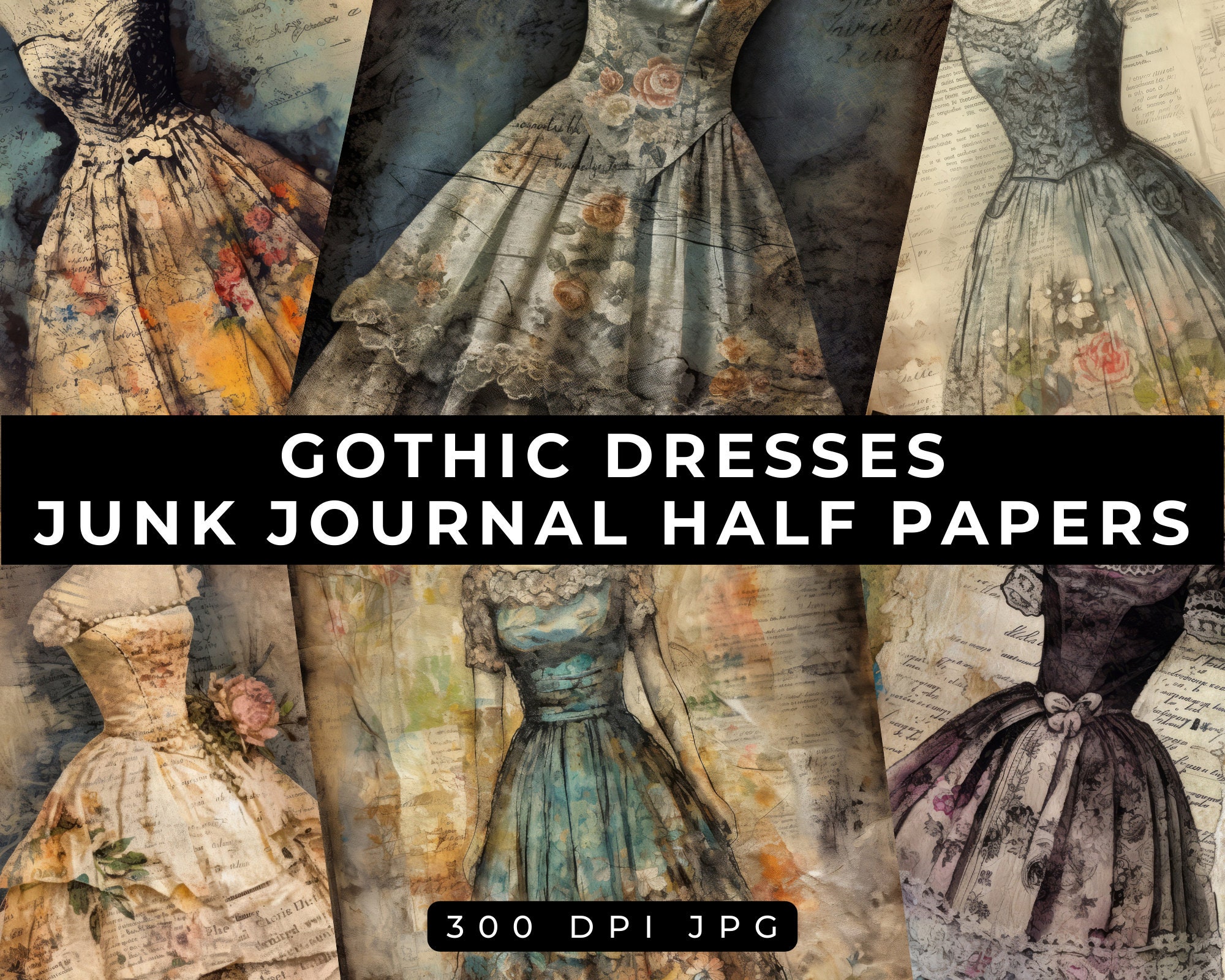 Vintage Gothic Dresses Half Papers Print / Mixed Media / Junk Journal ...