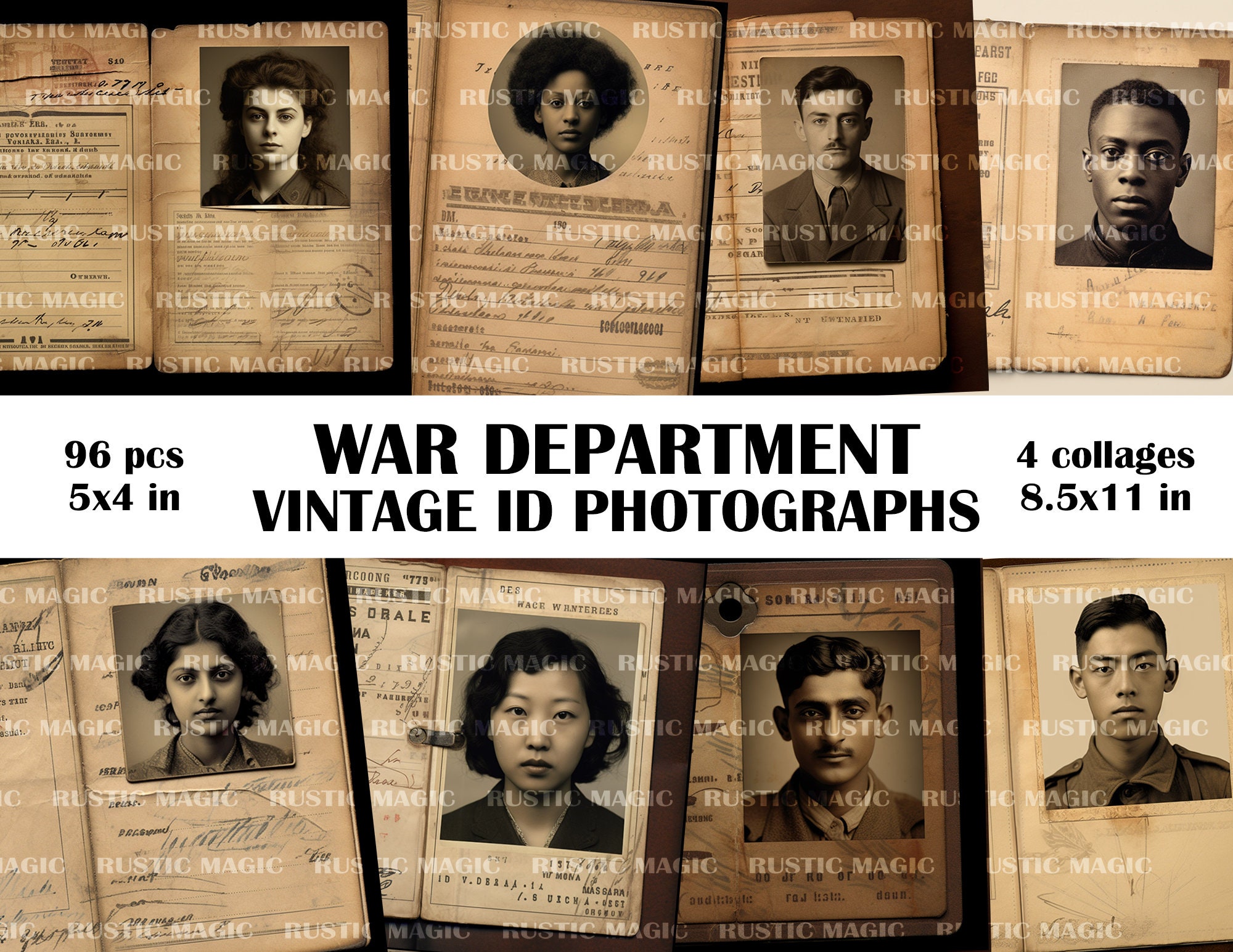 AI Generated / Vintage War Department ID Card Collection / Junk Journal ...