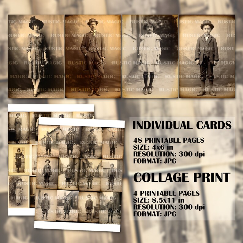 Edwardian Vintage Portrait Photo Collage, 52 Printable Images (digital ...