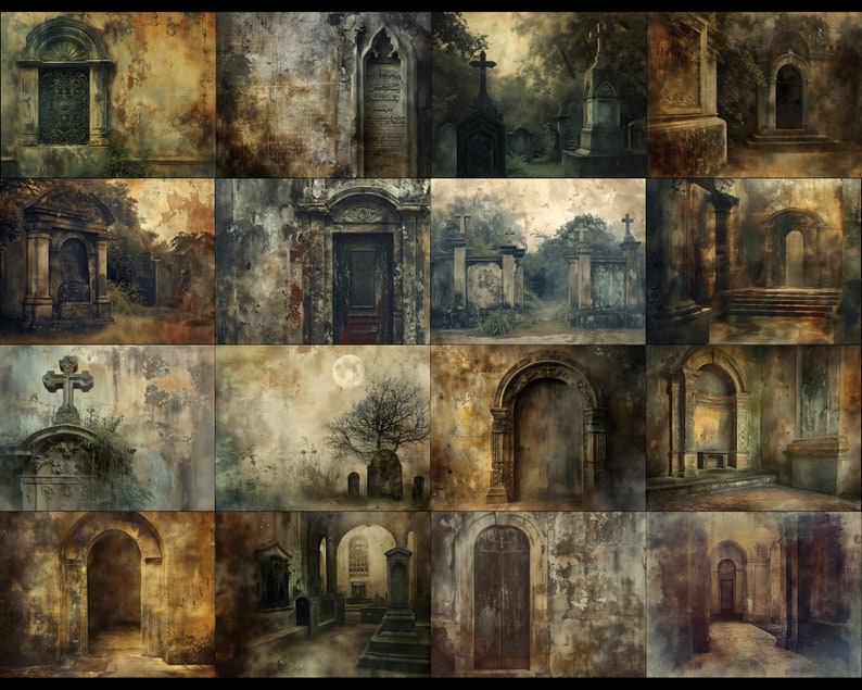 Antique Eerie Crypts & Tombstones / Textured Mixed Media Cemetery ...