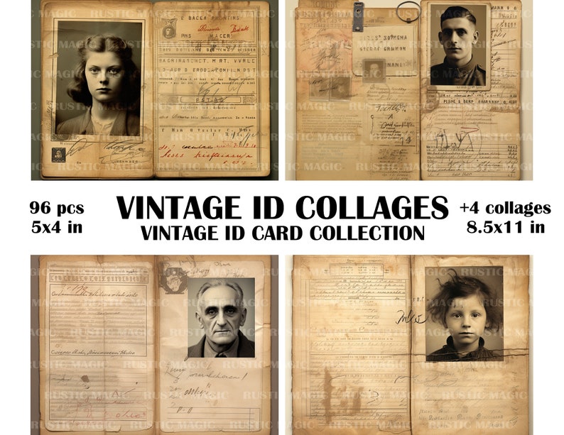 AI Generated / Vintage ID Card Collection / Junk Journal / Scrapbook ...