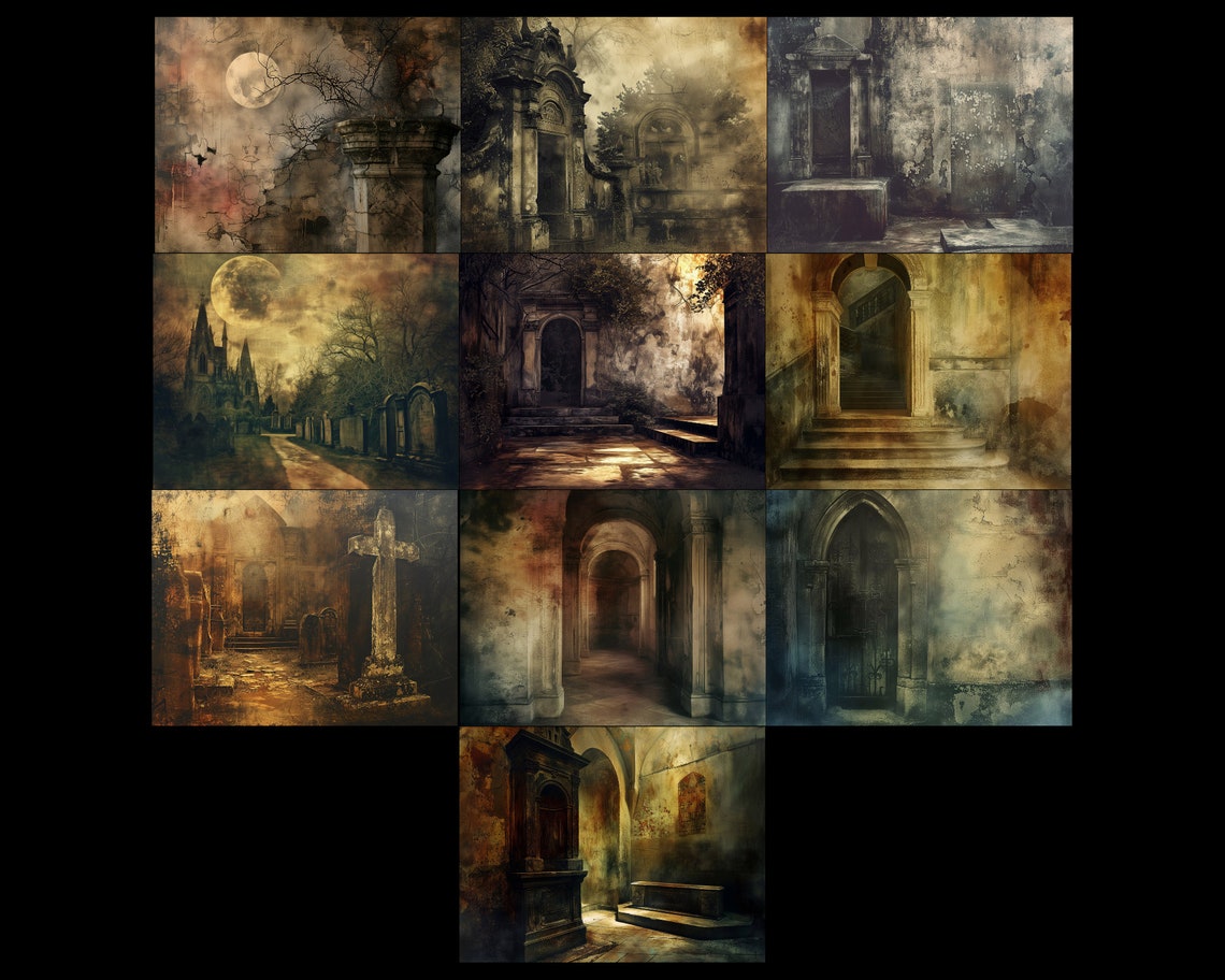 Antique Eerie Crypts & Tombstones / Textured Mixed Media Cemetery ...