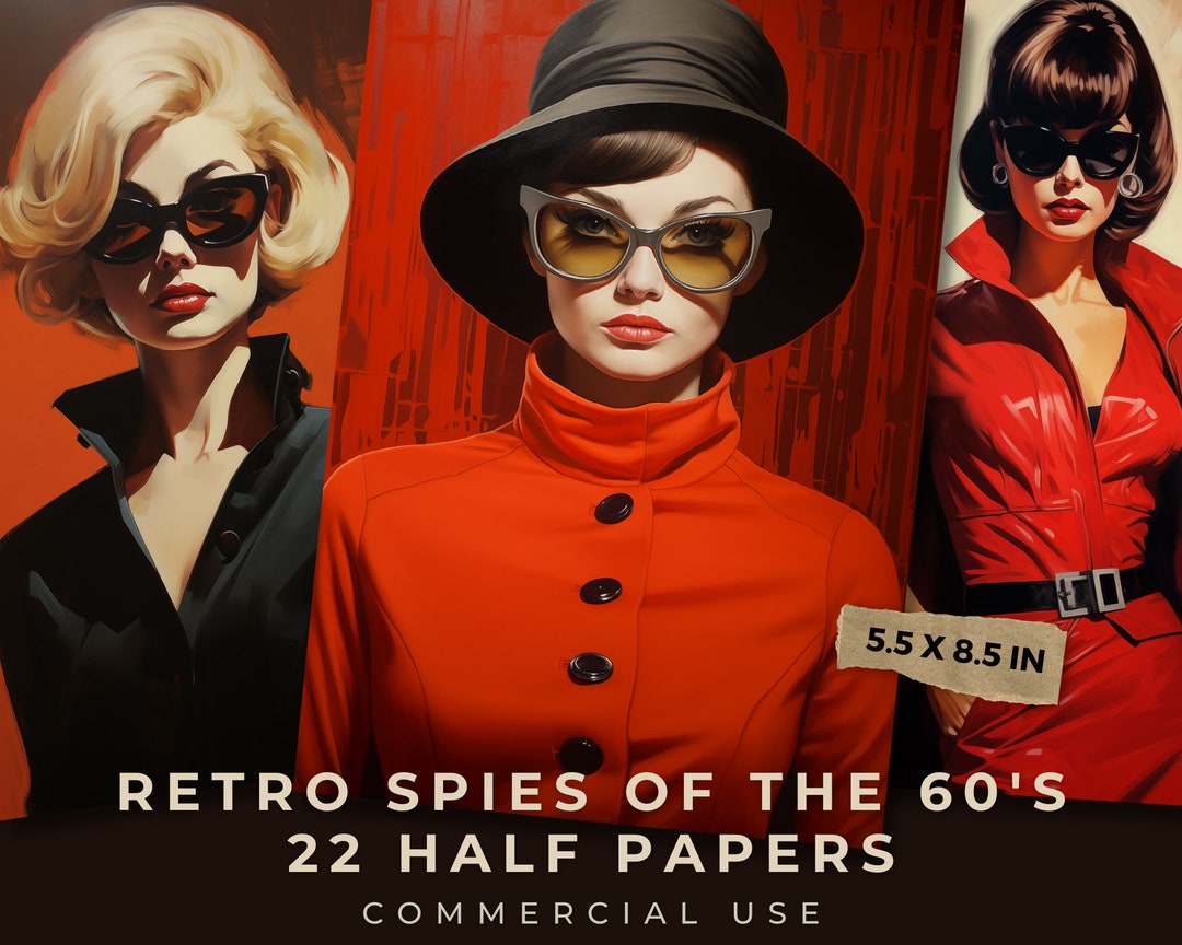 Retro Spies 60s / Red Spy Woman / Junk Journal Half Pages / Journal Kit / Scrapbook / Commercial ...