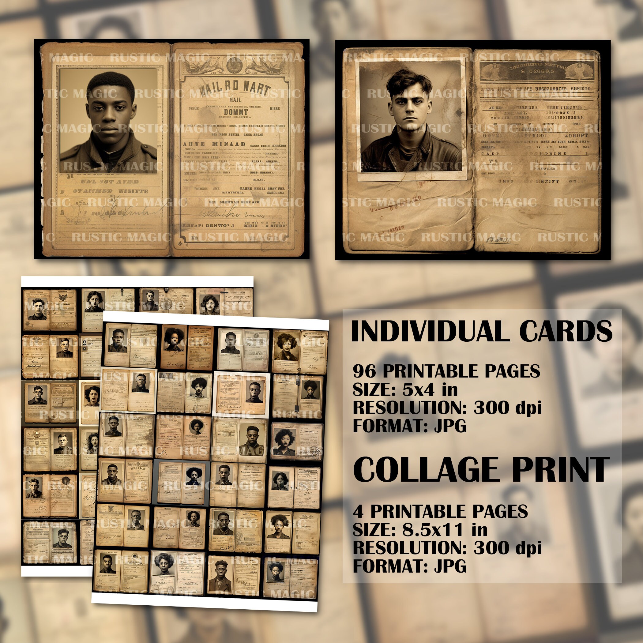 AI Generated / Vintage War Department ID Card Collection / Junk Journal ...