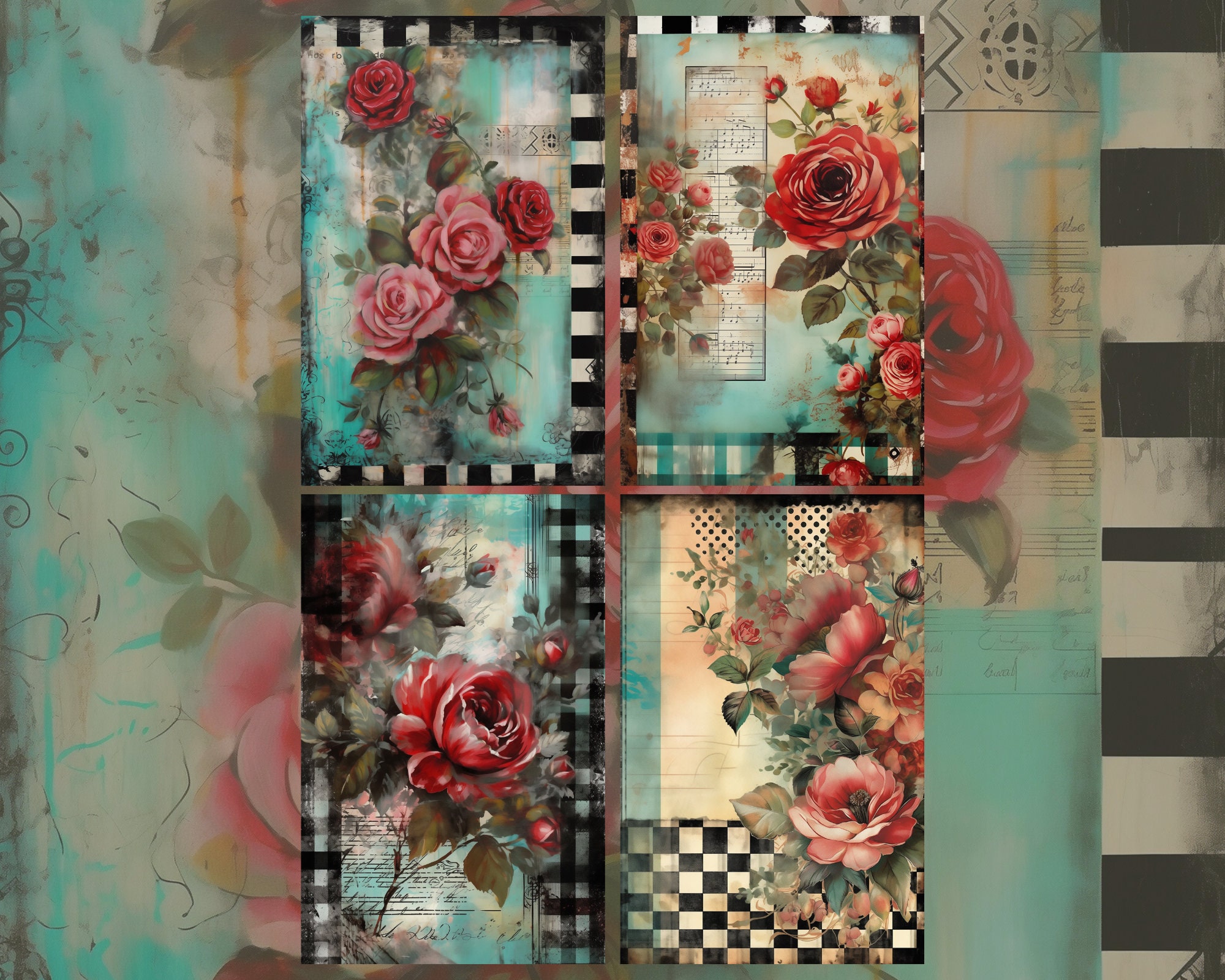 Checkered Flower Papers / Half Papers / Junk Journal Pages / Digital ...