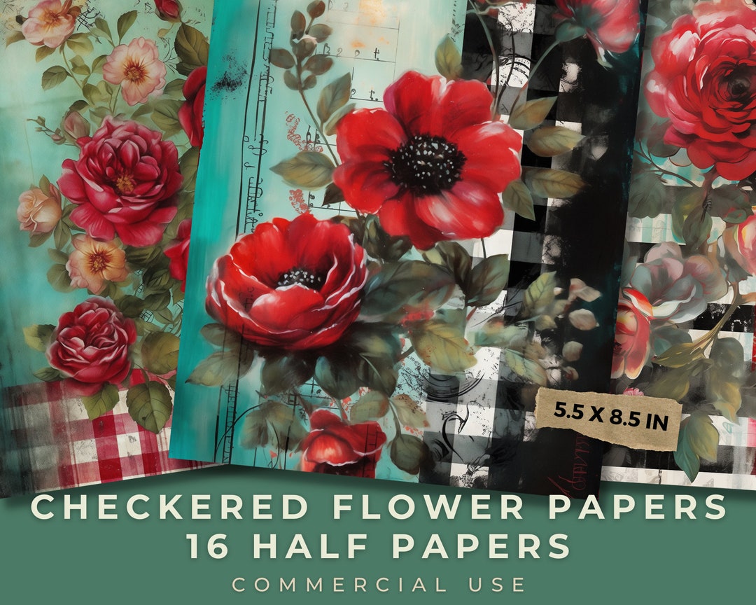 Checkered Flower Papers / Half Papers / Junk Journal Pages / Digital ...