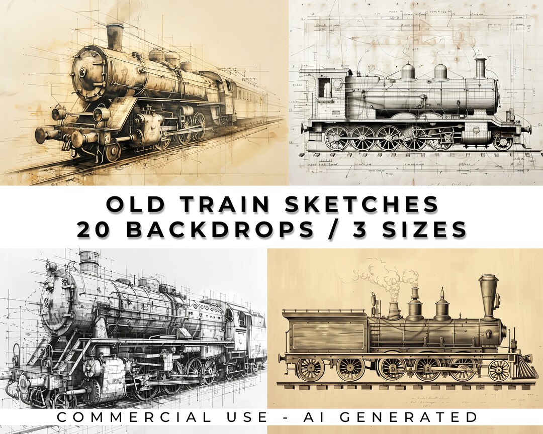 Old Steam Train Sketches / Train Drawings / Historic Trains Junk Journal / Digital / Commercial ...
