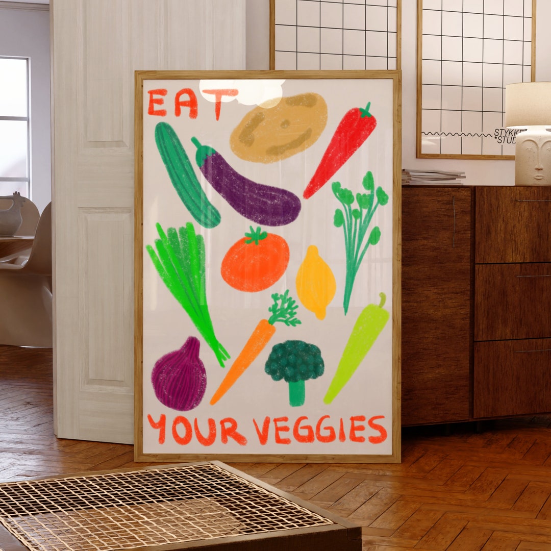 Vegetables Kitchen Decor, Colorful Crayon Kitchen Wall Art, Digital ...