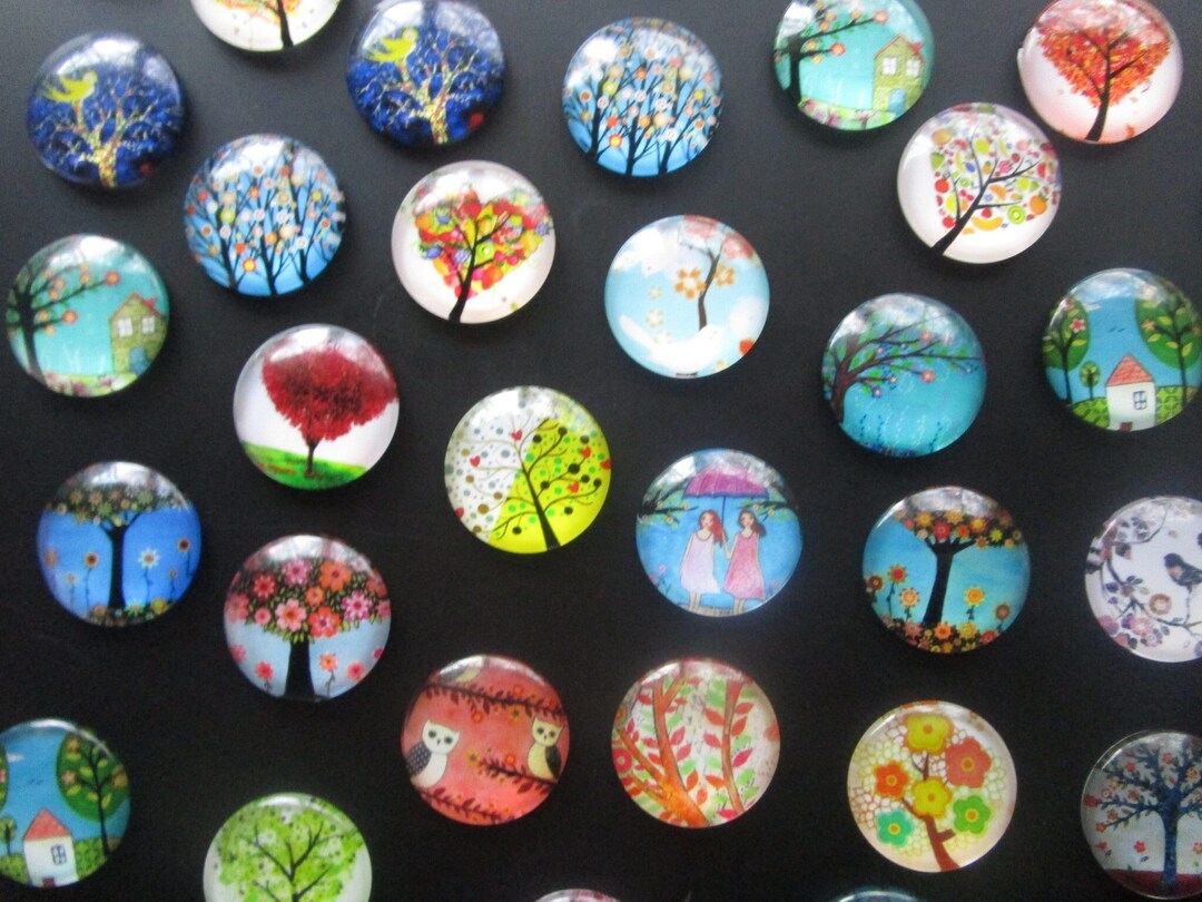 Tree Magnets, 6 to 12 Strong Fridge Magnets, 1" Round Glass Magnet ...