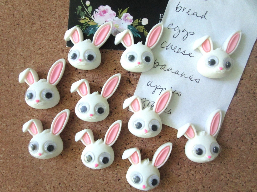 Bunny Pushpins, 10 Cute White Rabbit Thumbtacks, Googly Eye Bunny, Push ...