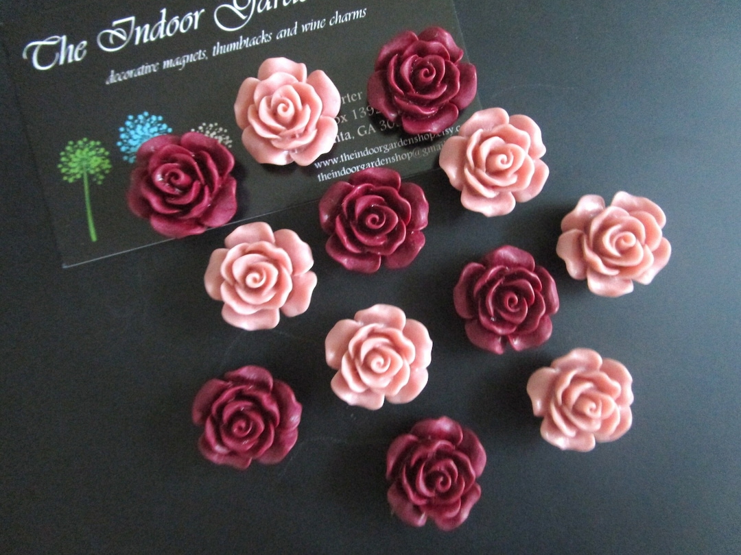 Rose Magnet Set, 12 Fridge Magnets, Flower Magnets, Burgundy Wedding ...