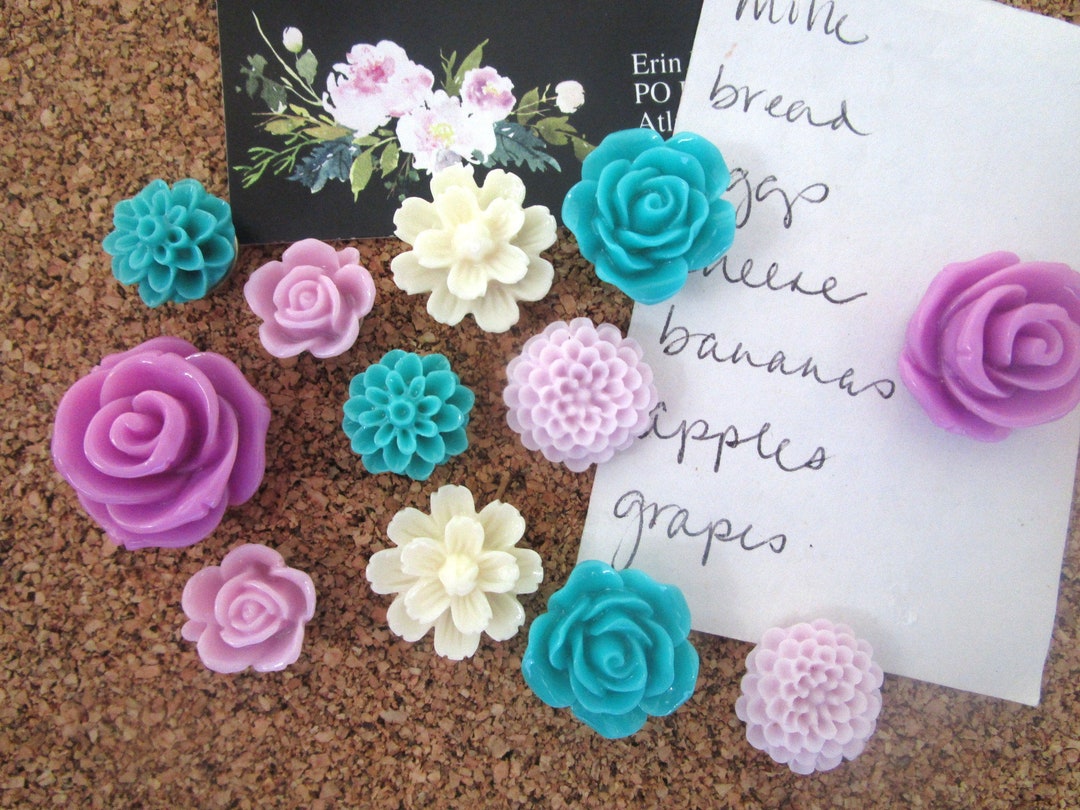 Thumbtack Set, 12 Push Pins, Turquoise, Lilac, Ivory, Cubicle Decor ...