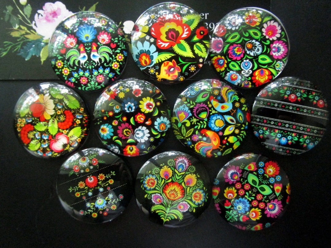 Glass Magnets, 10 Pcs, 1" Round Magnet, Folk Flower Print, Locker ...