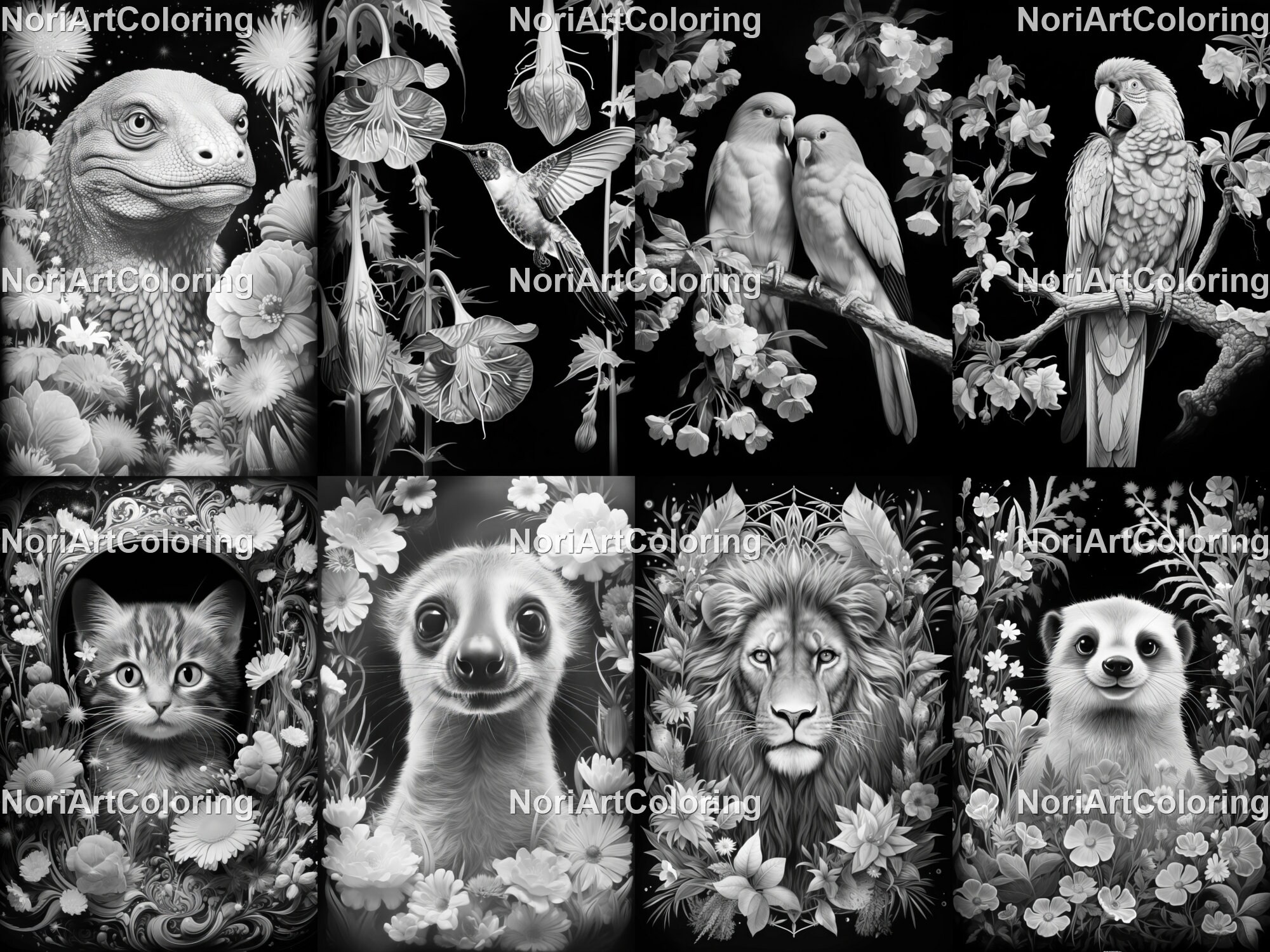 56 Flora and Fauna Fantasia Grayscale Coloring Pages | Animals Flowers ...