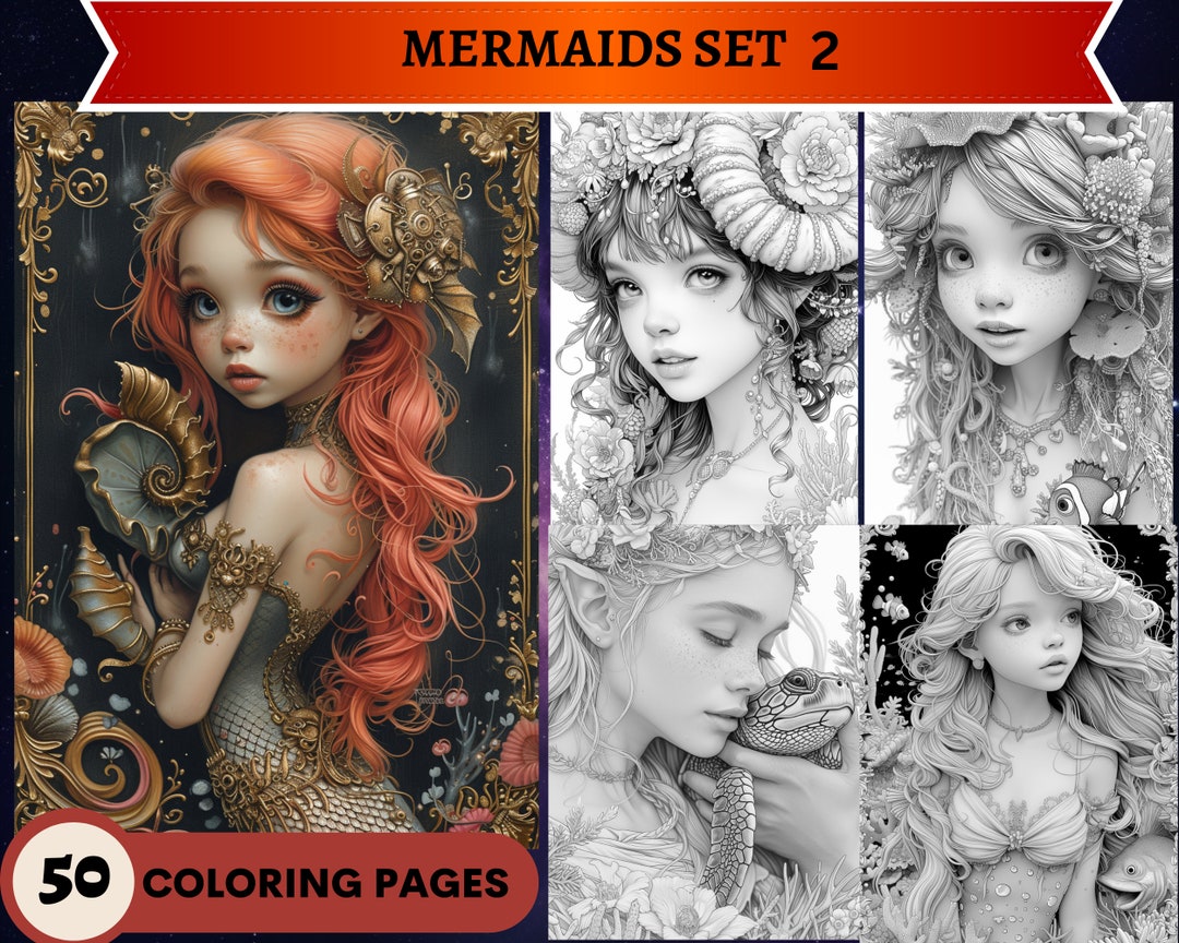50 Mermaids Set 2 Grayscale Coloring Pages | Printable Adult Kids ...