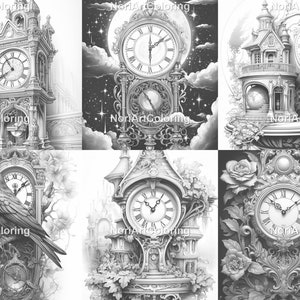 44 Clocks Grayscale Coloring Pages | Gothic Clocks | Clocks With ...