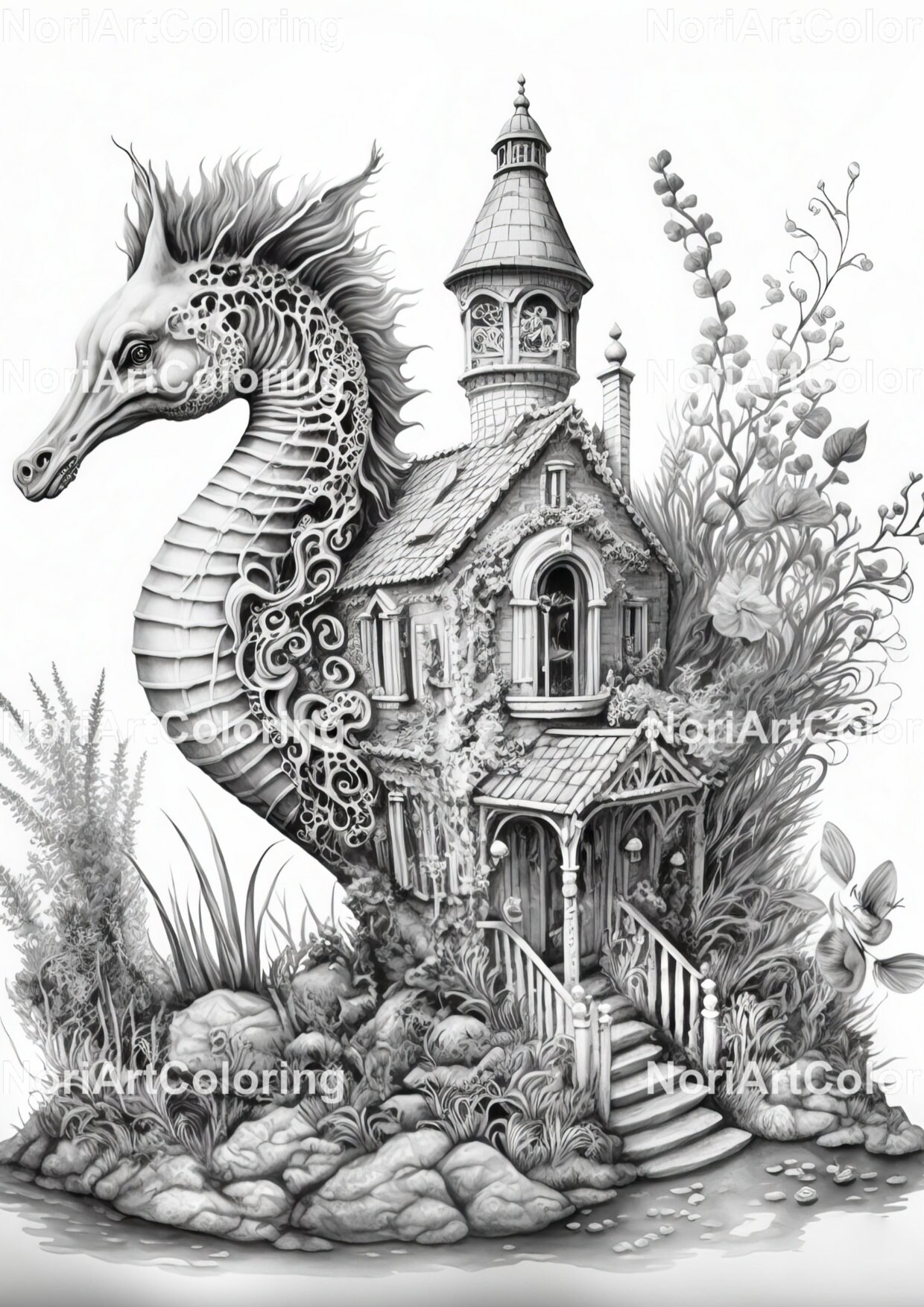 20 Grayscale Ocean Fairy Houses Coloring Book Set 1 | Printable Adult ...