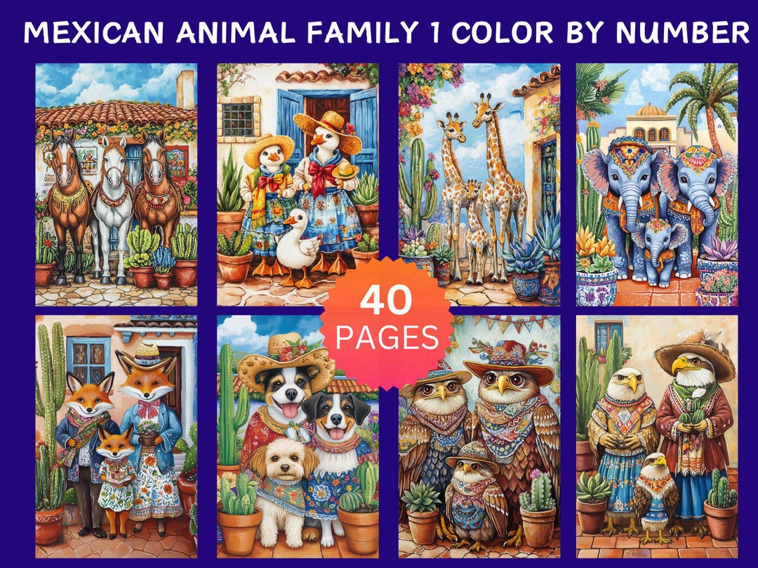 40 Mexican Animal Family Color by Number Pages Set 1, Digital Coloring ...