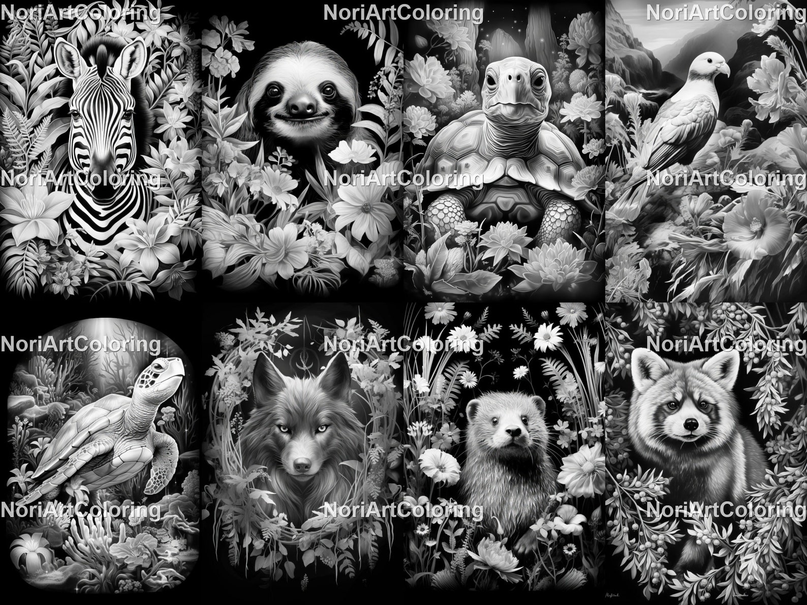 56 Flora and Fauna Fantasia Grayscale Coloring Pages | Animals Flowers ...