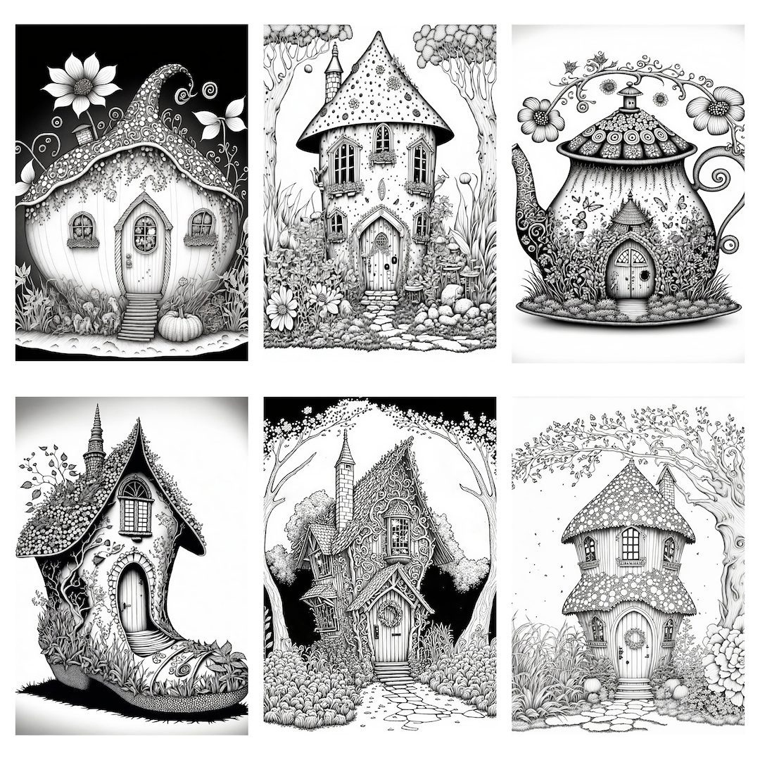 Grayscale Fairy Houses Coloring Book | Printable Adult Coloring Pages ...