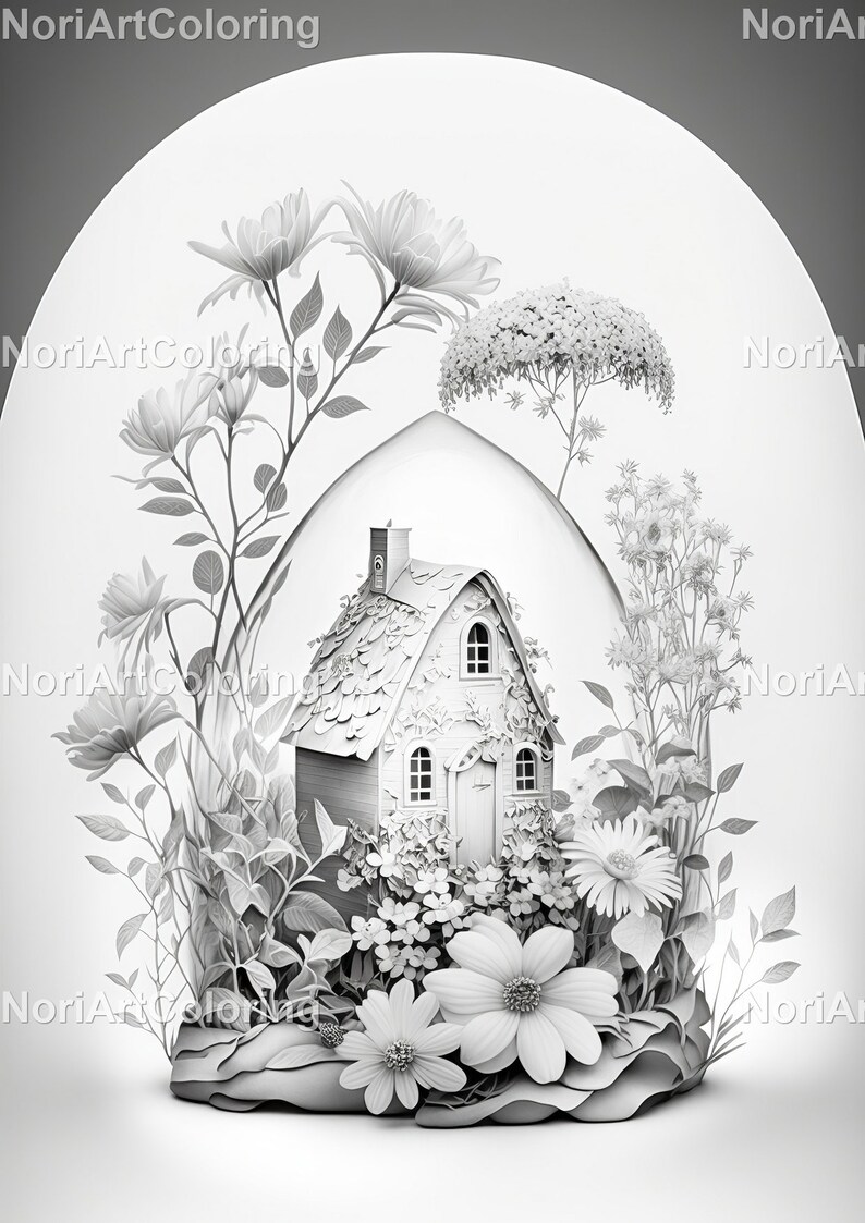 20 Grayscale Land Fairy Houses Coloring Book Set 4 | Printable Adult ...