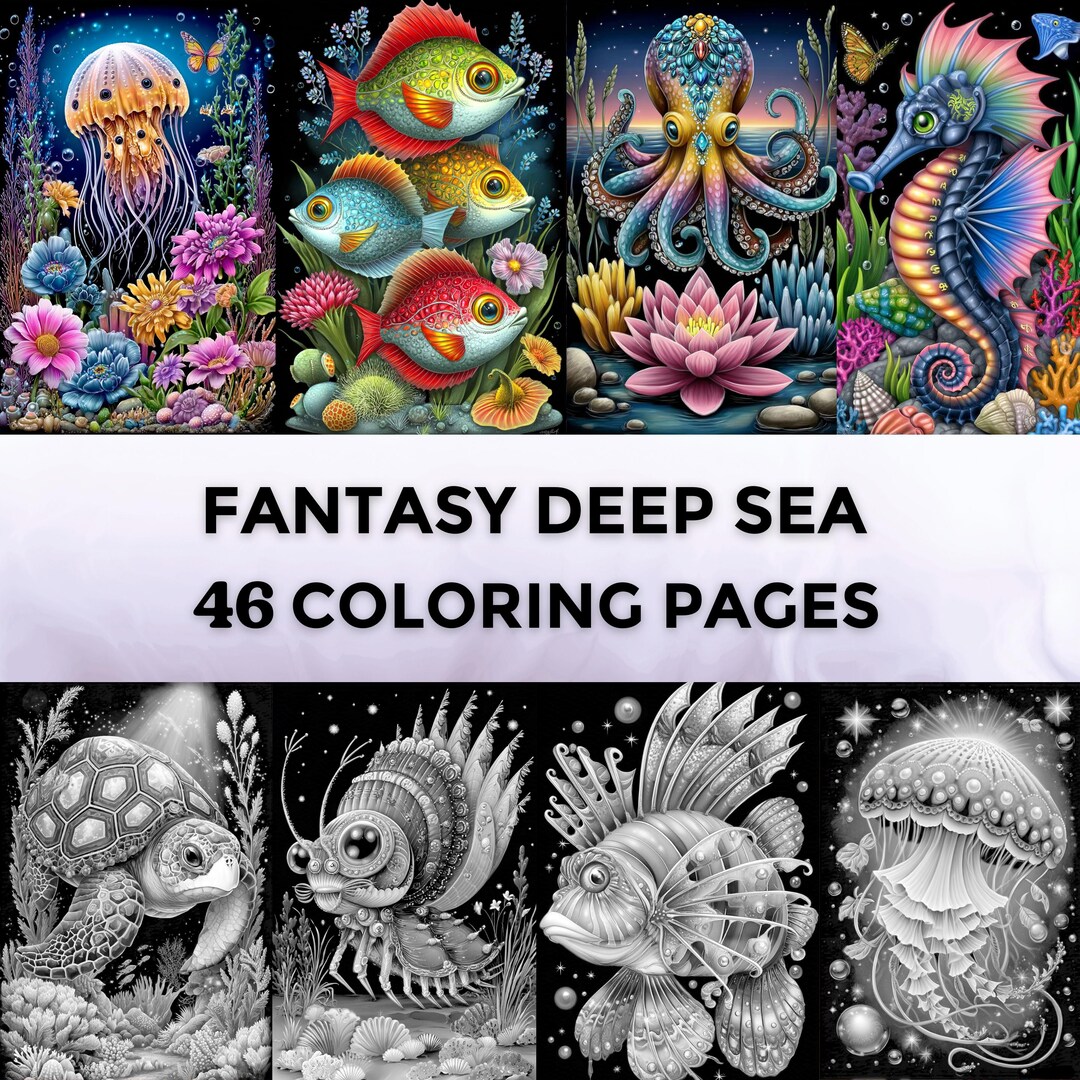 48 Fantasy Alien Deep Sea Set 2 Grayscale Coloring Pages Printable ...