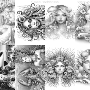 65 Ocean Goddesses Grayscale Coloring Pages | Printable Adult Coloring ...