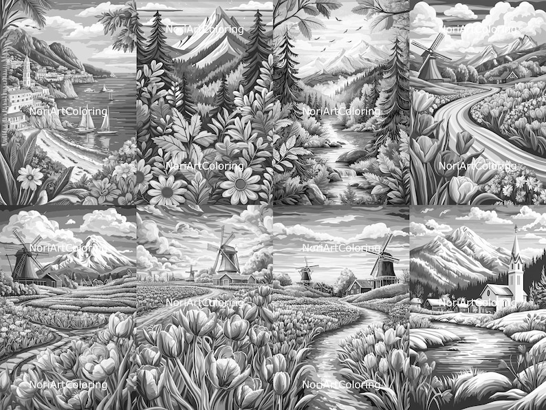 58 Travel Paintings Grayscale Adults Coloring Pages | Landscapes ...