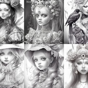 30 Gothic Girls Set 1 Coloring Pages | Bright, Medium and Dark Versions ...